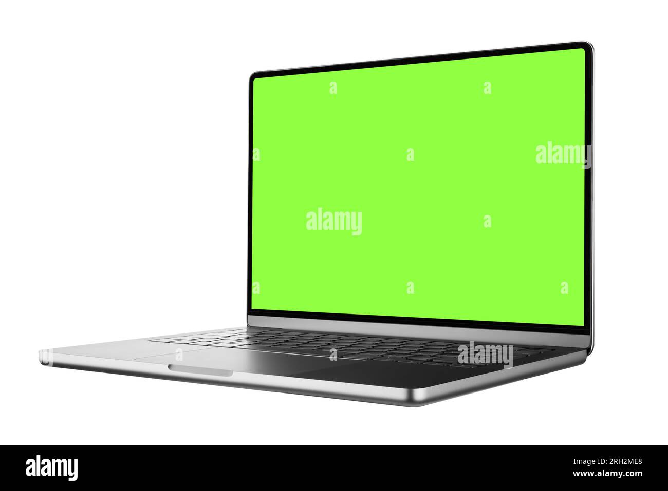 Blank Screen Open Modern Laptop mockup three-quarters with green screen ...