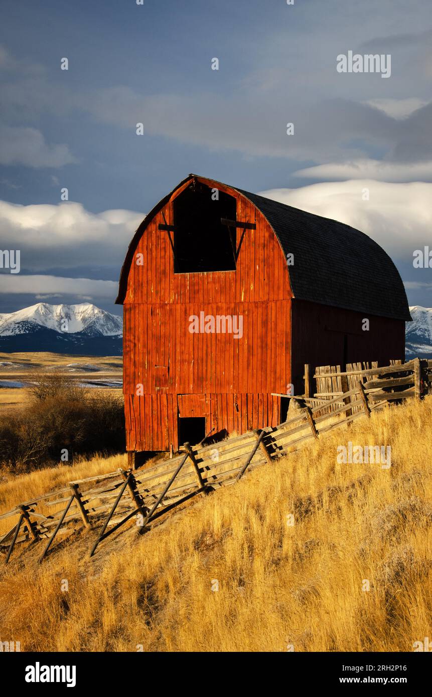 Small red barn and the Bridger Mountains, Park County, Montana, USA ...