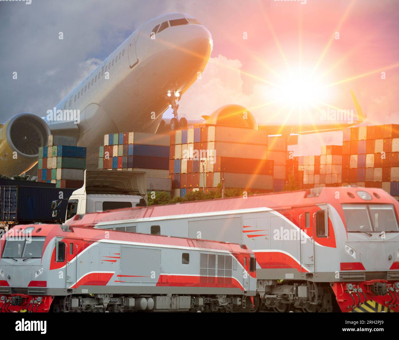 Rail and air transport concept. freight train cargo plane Stock Photo ...