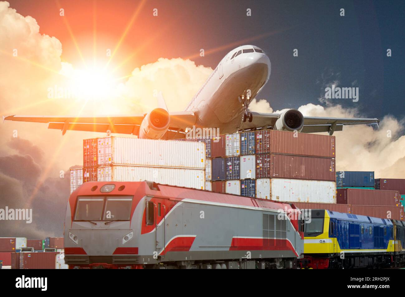 Rail and air transport concept. freight train cargo plane Stock Photo ...