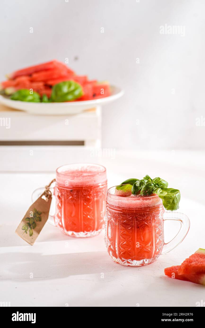 watermelon shake with basil on a white background. High quality photo ...