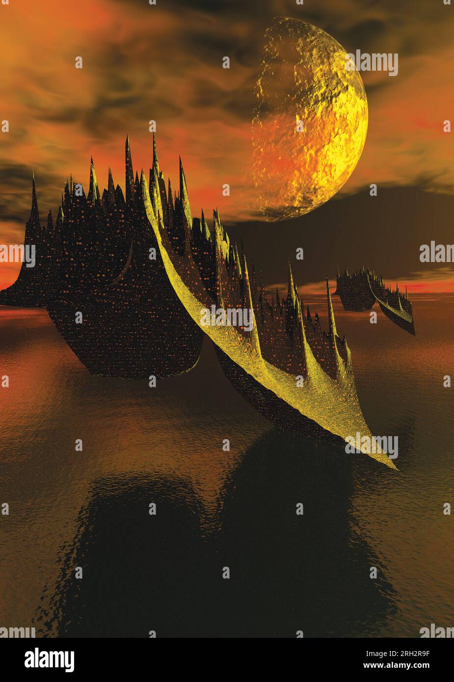 huge alien spaceship over a red alien planet sea Stock Photo - Alamy