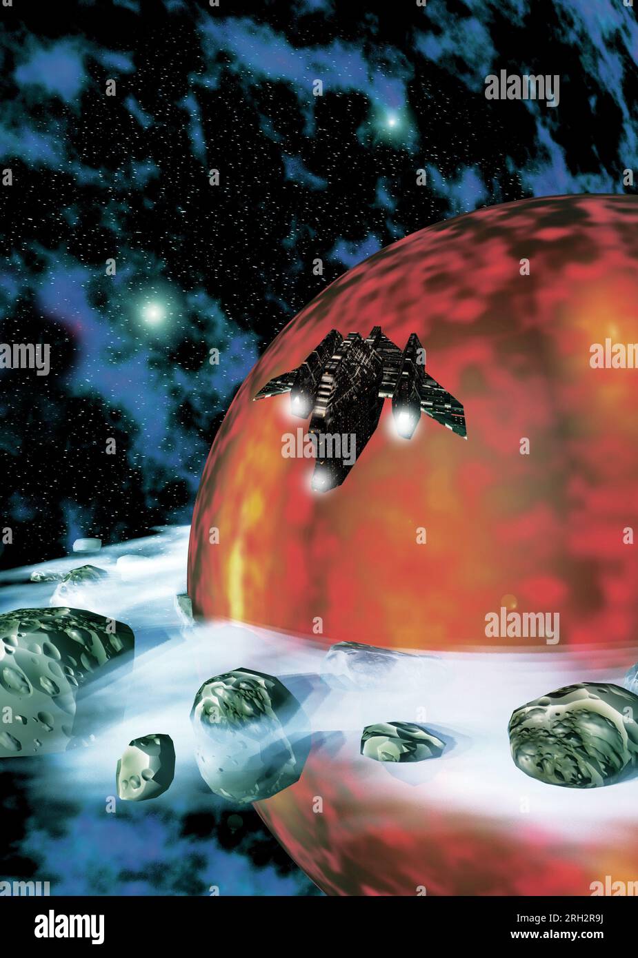 spaceship flying by a mysterious red alien planet with a ring of ...