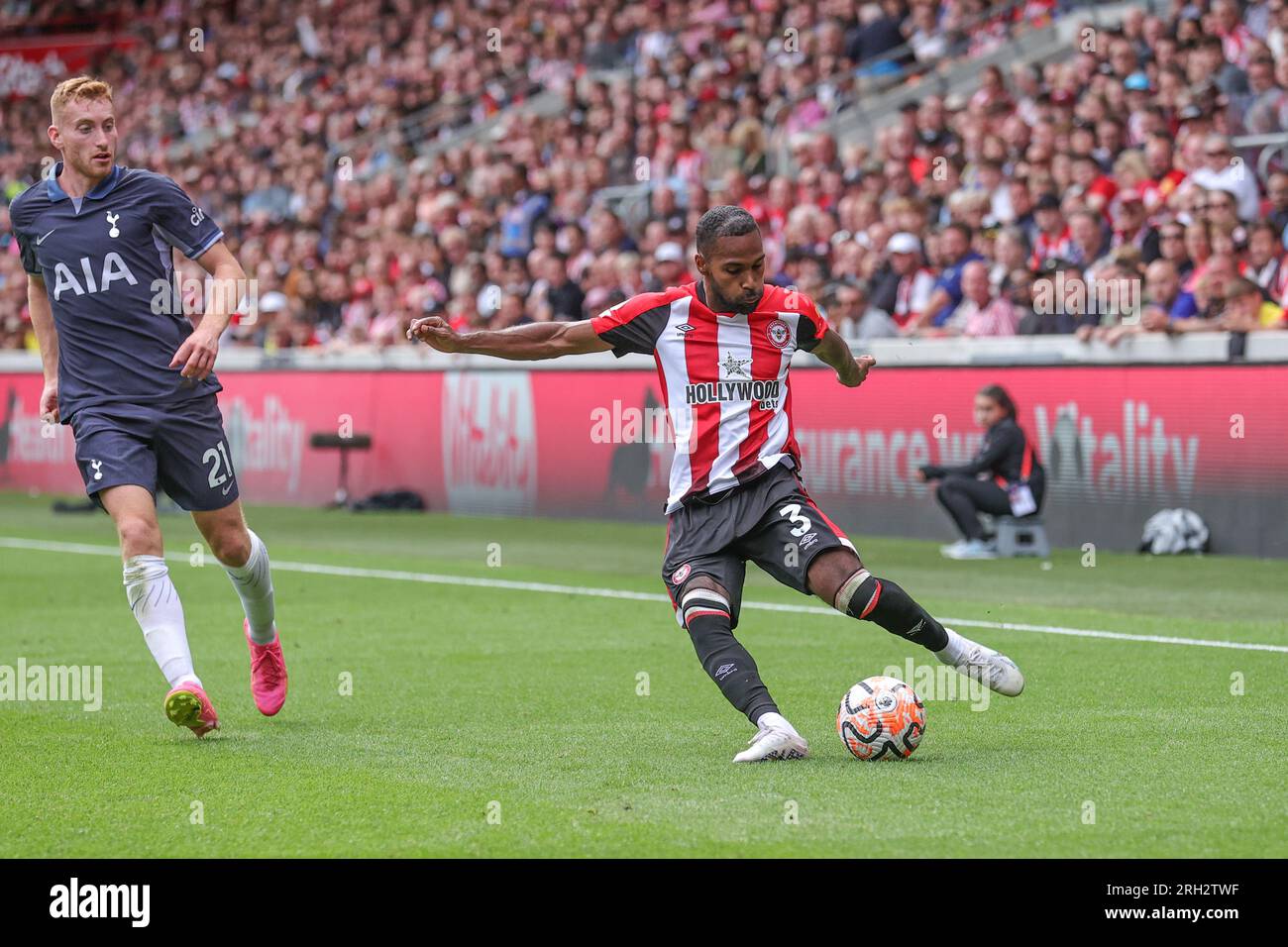 Rico Henry of Brentford crosses the ball during the Premier League ...