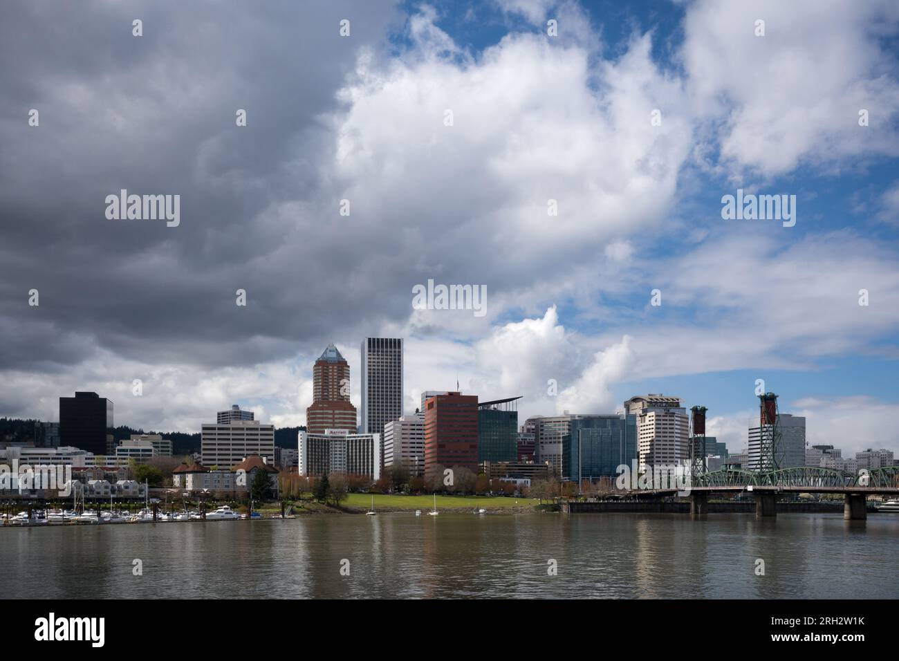 Downtown high rises and the Willamette River on a fair spring day ...