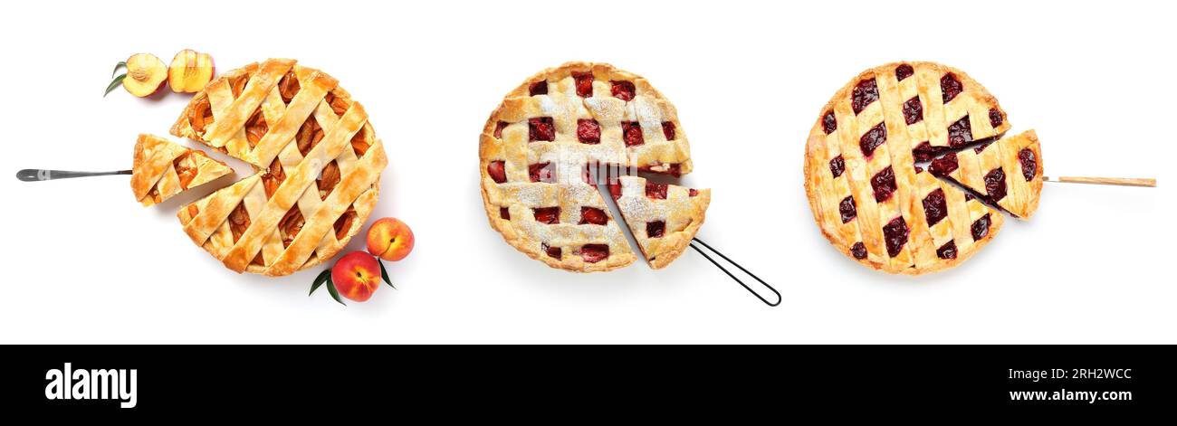 Set of different pies on white background, top view Stock Photo - Alamy