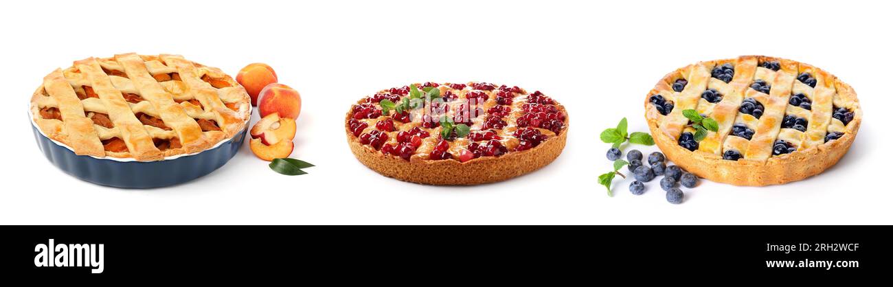 Set of different pies on white background Stock Photo - Alamy