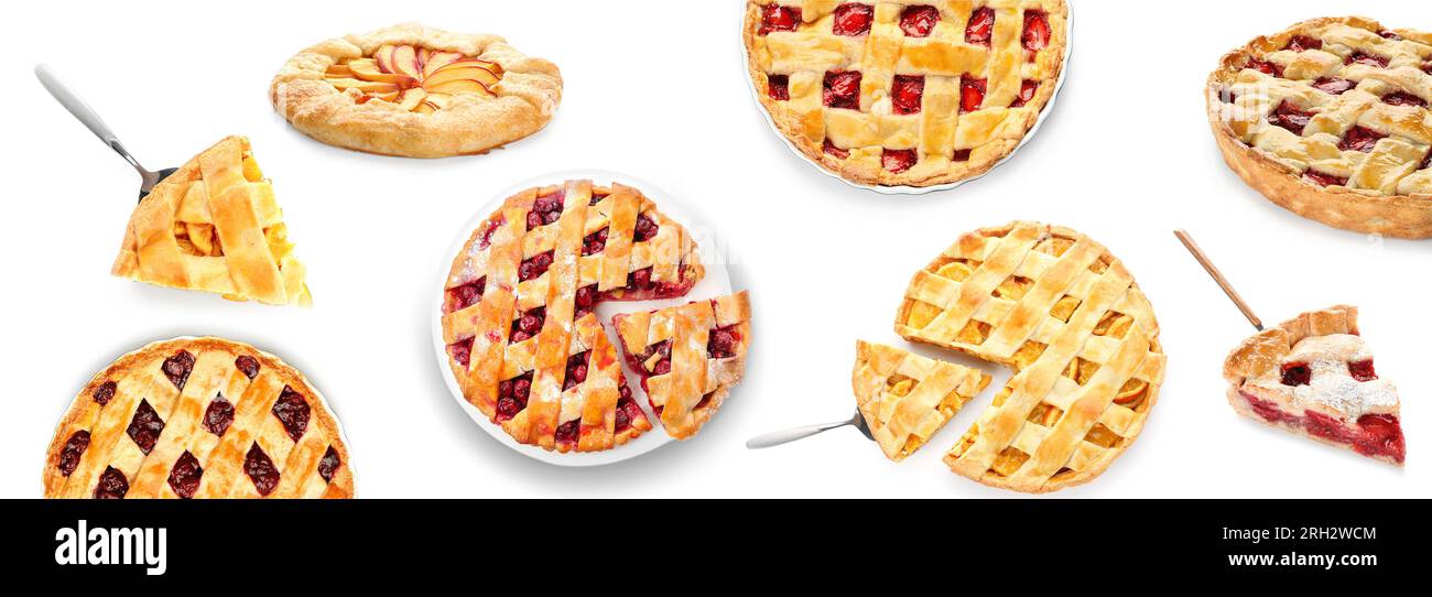 Set of many different pies on white background Stock Photo - Alamy