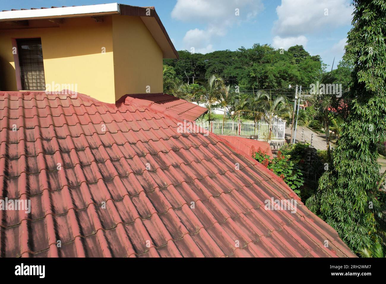 Dirty roof with black spots on house aerial drone view Stock Photo - Alamy
