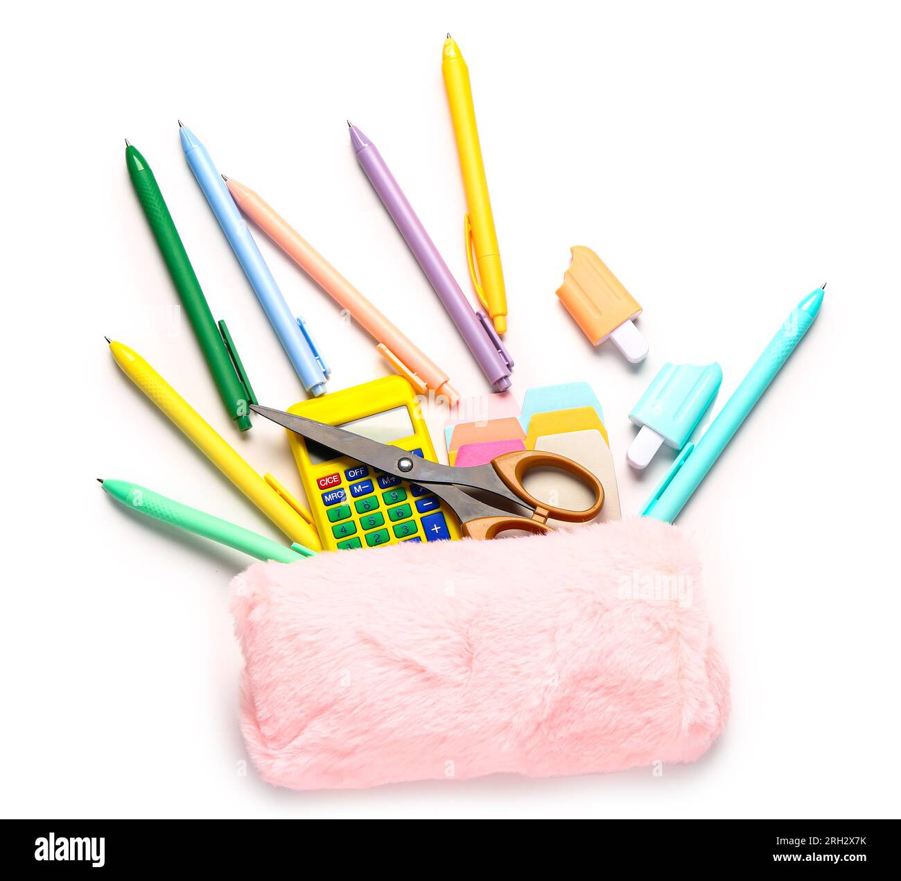 Pink pencil case with different school stationery on white background ...