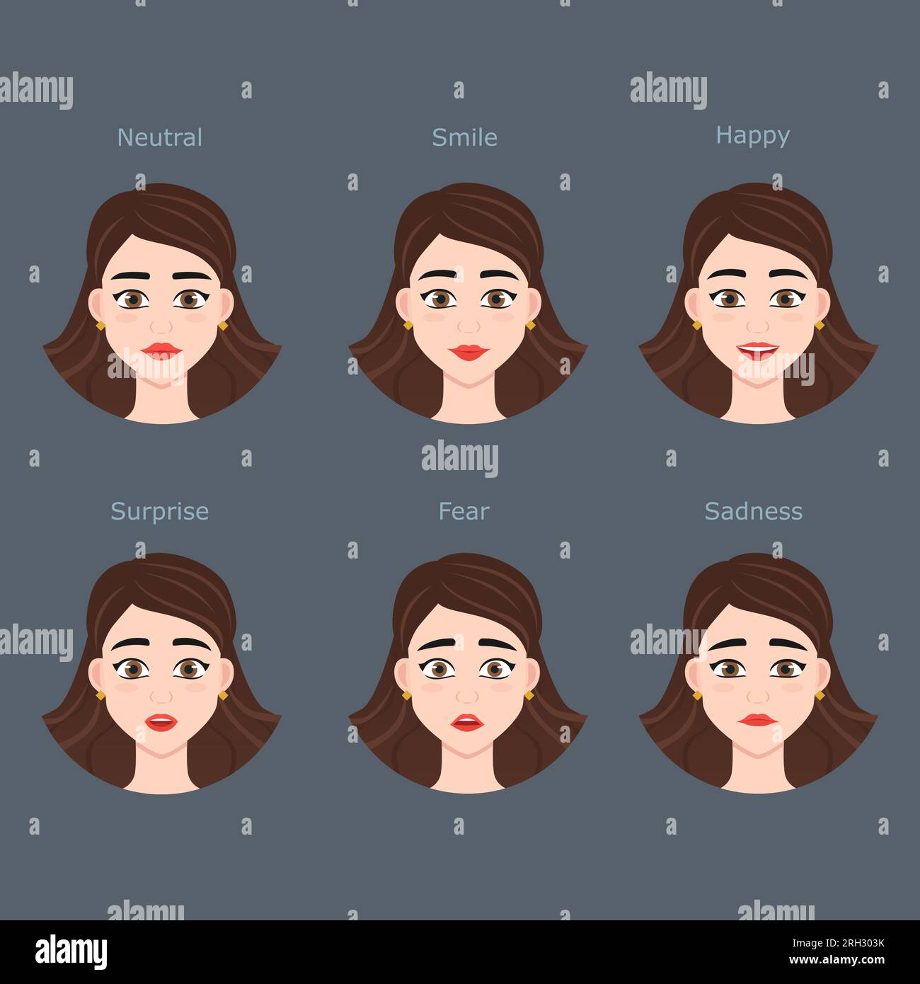 Character girl faces set. Pack of women emotions for animation, game ...