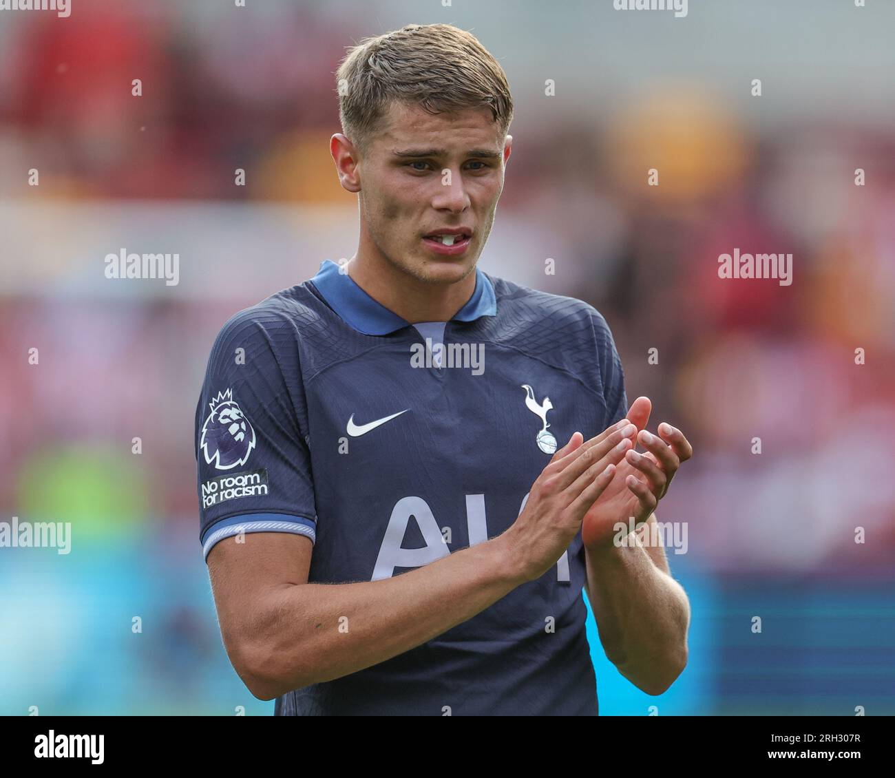 London, UK. 13th Aug, 2023. Micky van de Ven Tottenham Hotspur applauds ...