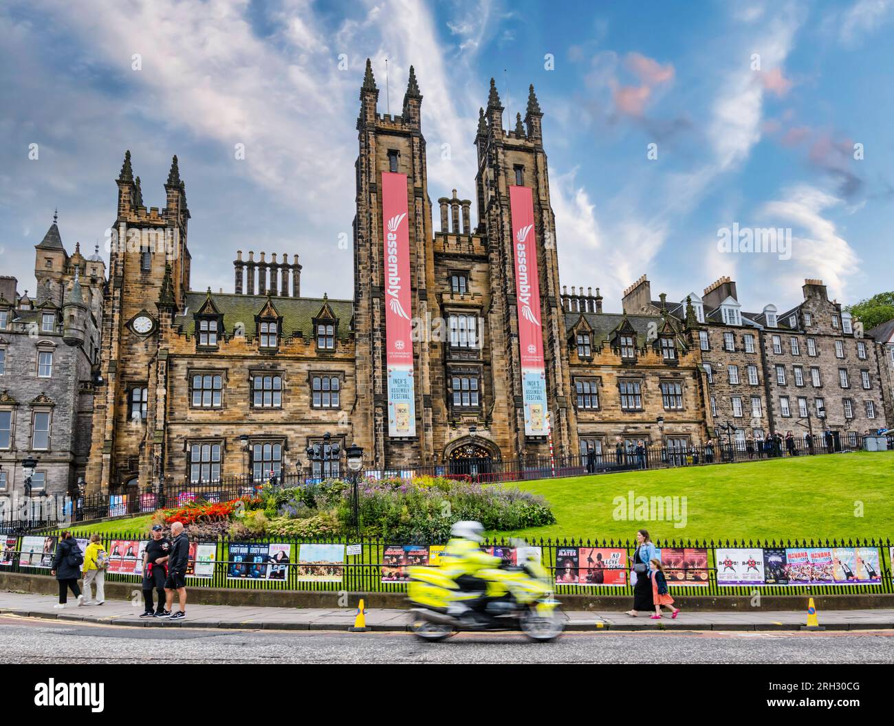 A police motorbike speeding past Assembly on the The Mound during ...