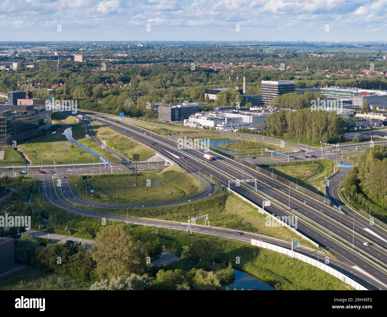 Aerial drone photo of an highway intersection of the A44 in Leiden, the ...