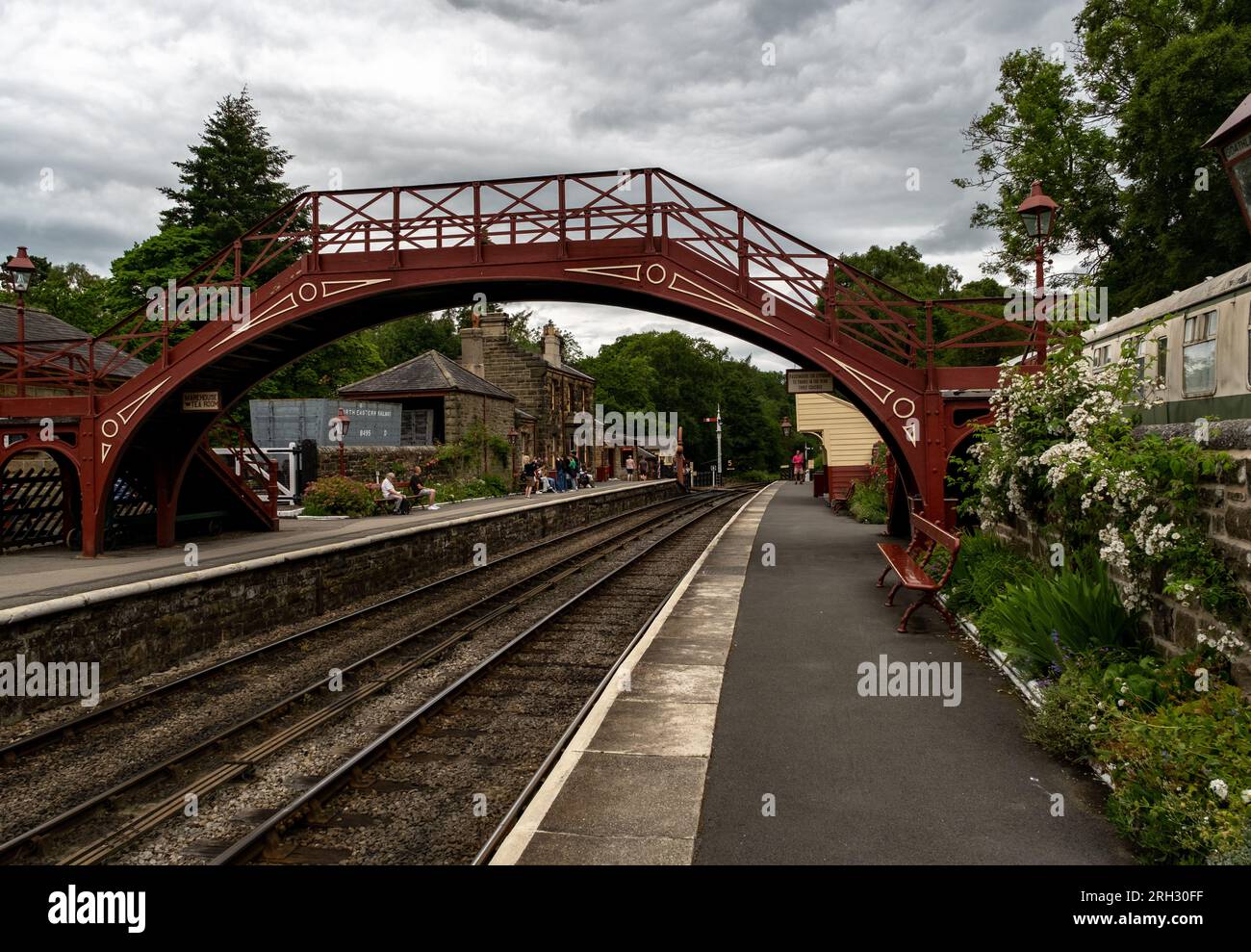 Passenger bridge over the railway tracks in Goathland station on the ...