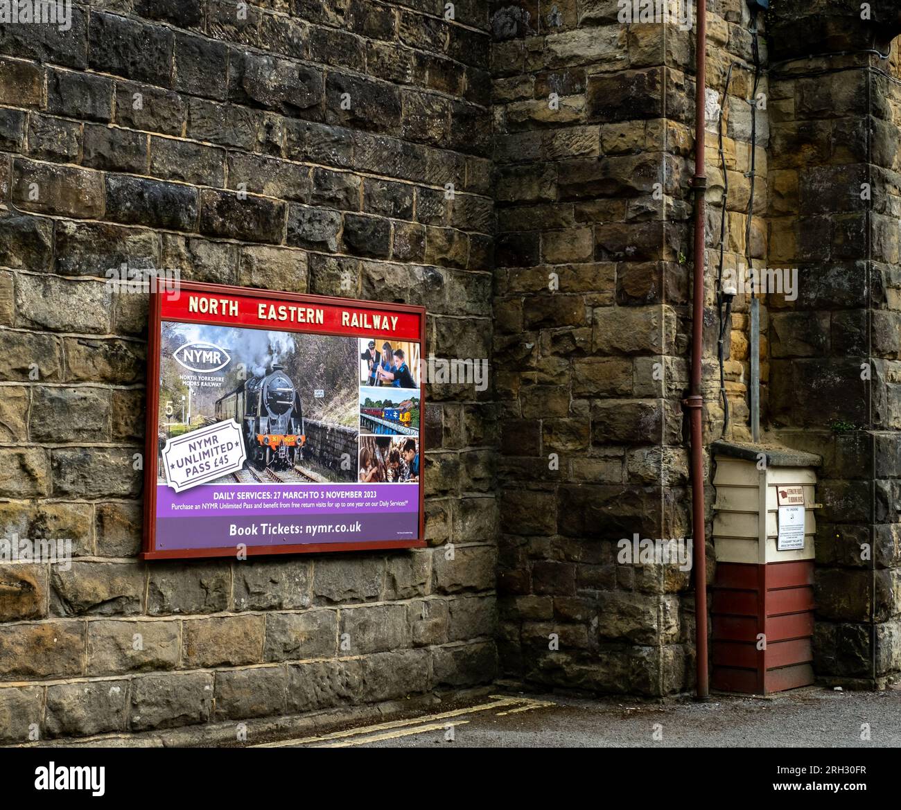 North Eastern Railway sign on the ticket office wall on Goathland ...