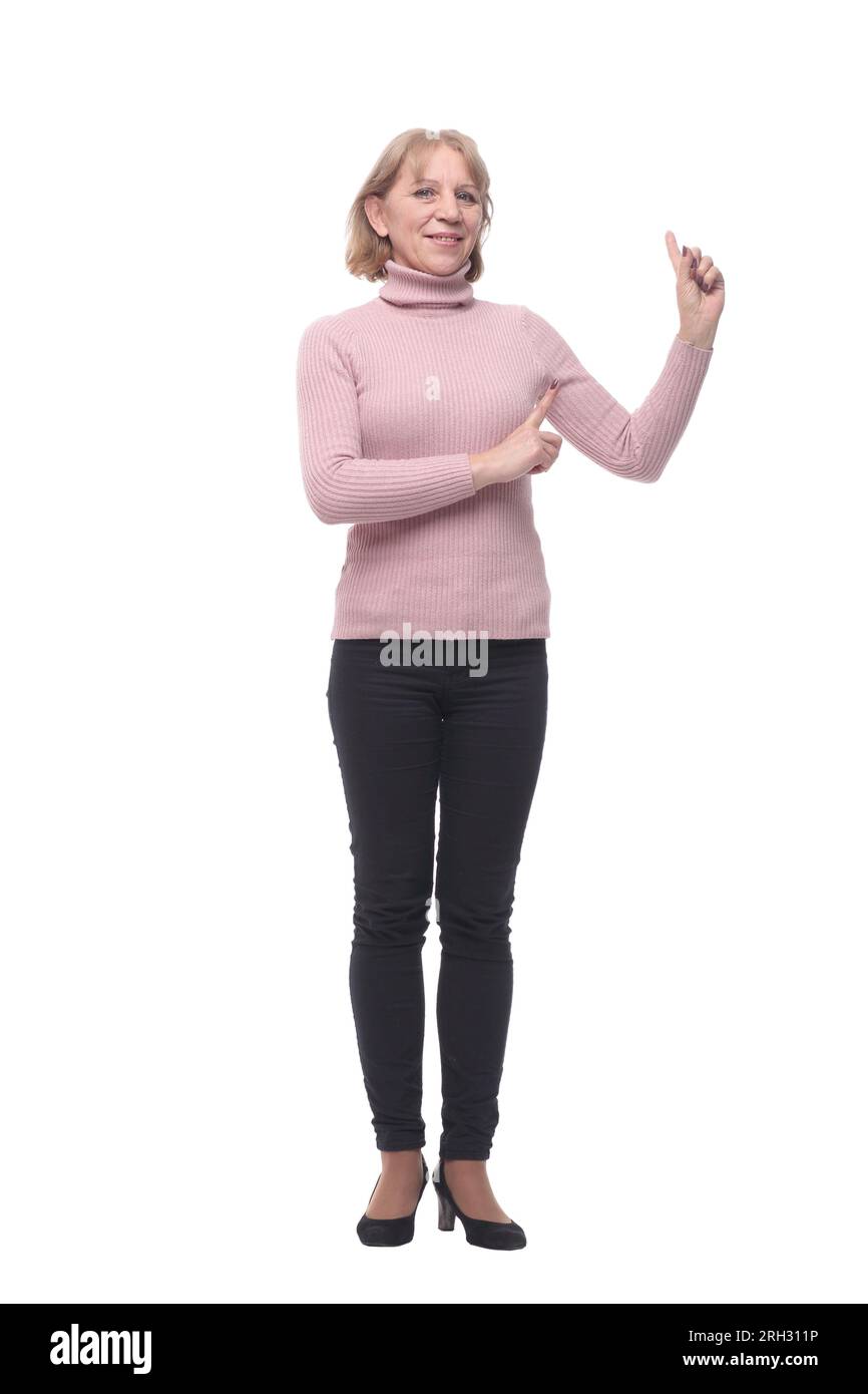 Front view of woman pointed side with a smile isolated on white ...