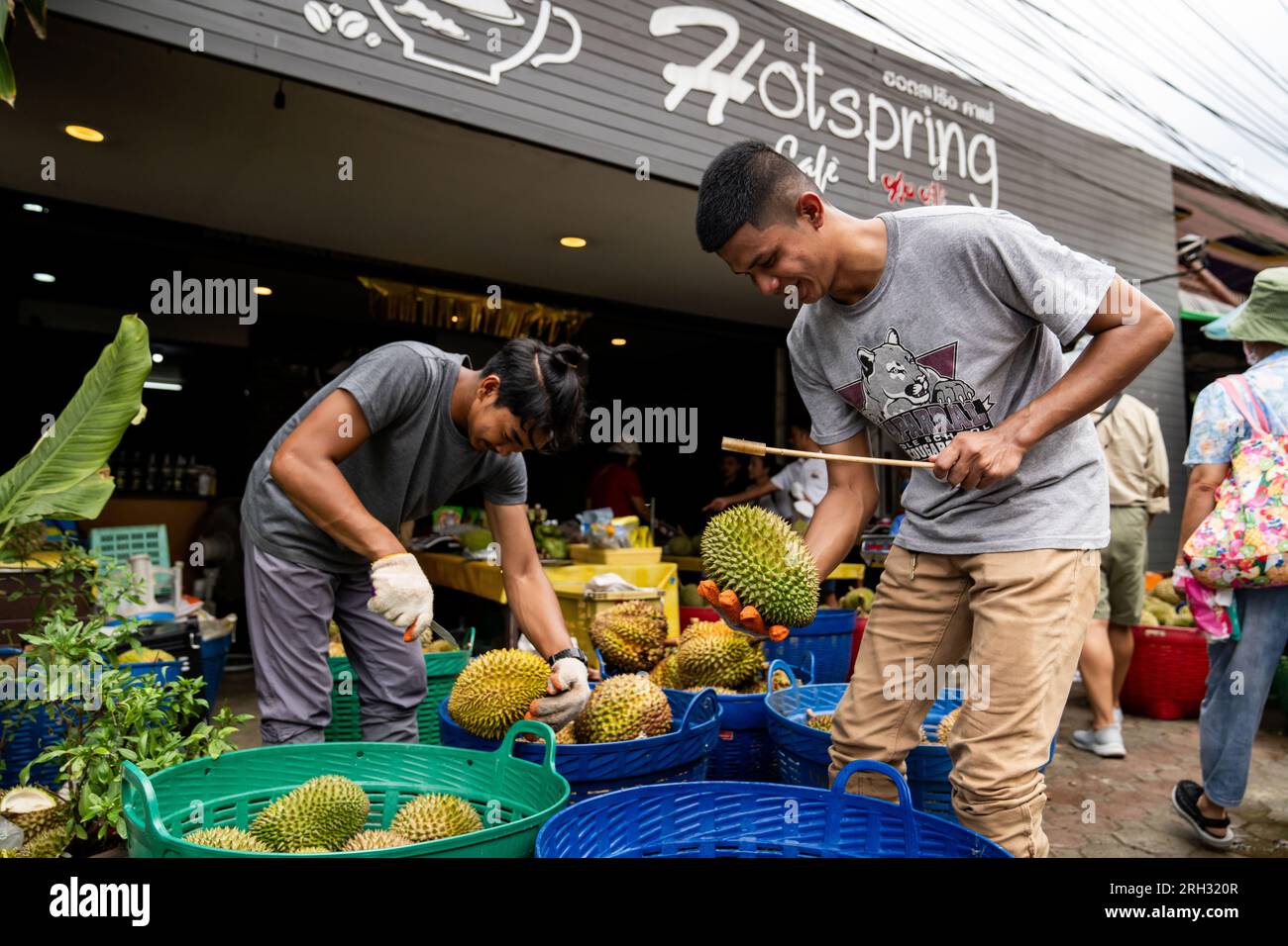 Vendors knock on durian fruits with sticks to determine which ones are ...