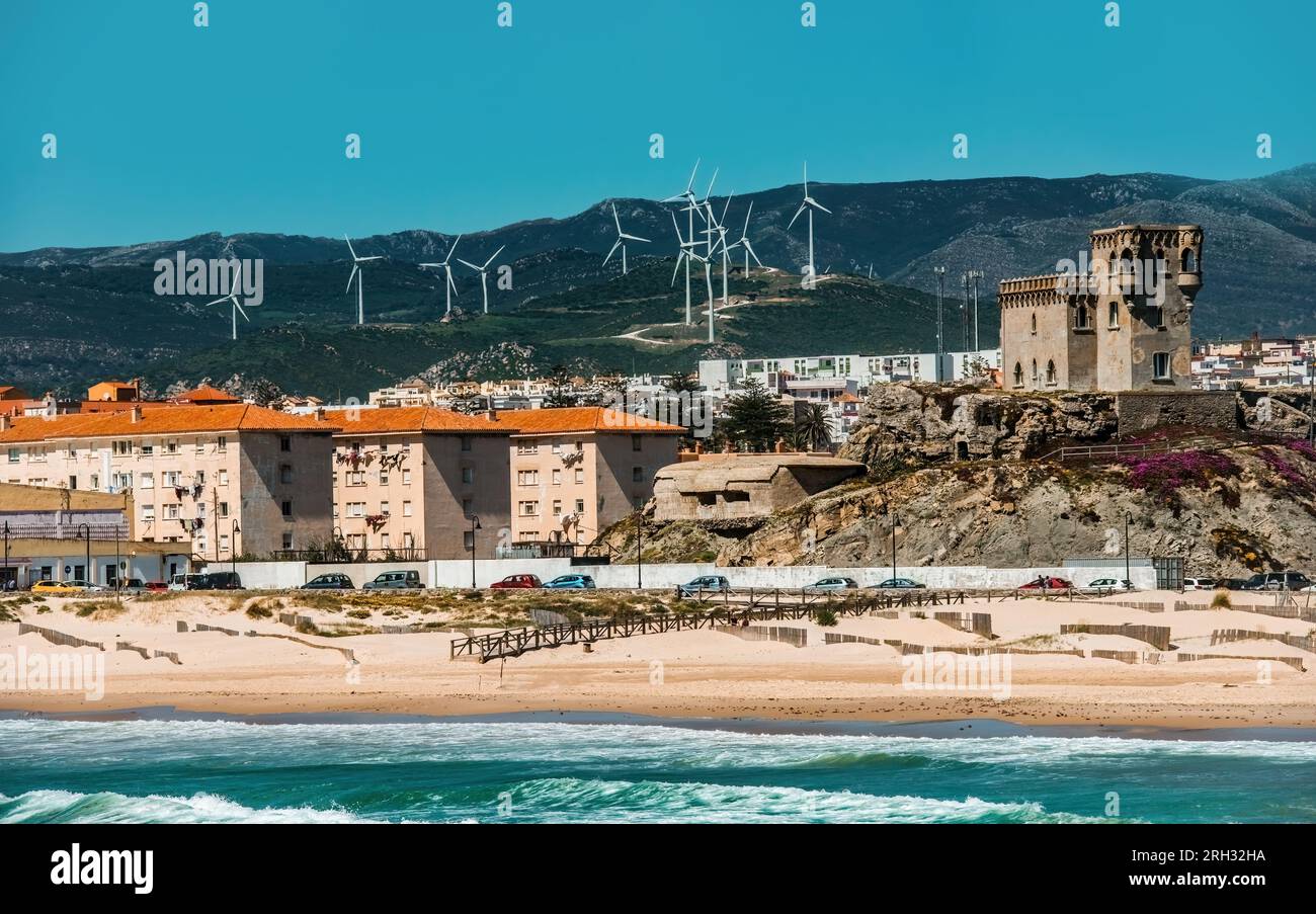 Seashore of Tarifa in Spain, Modern buildings and Old Castle of Guzman ...