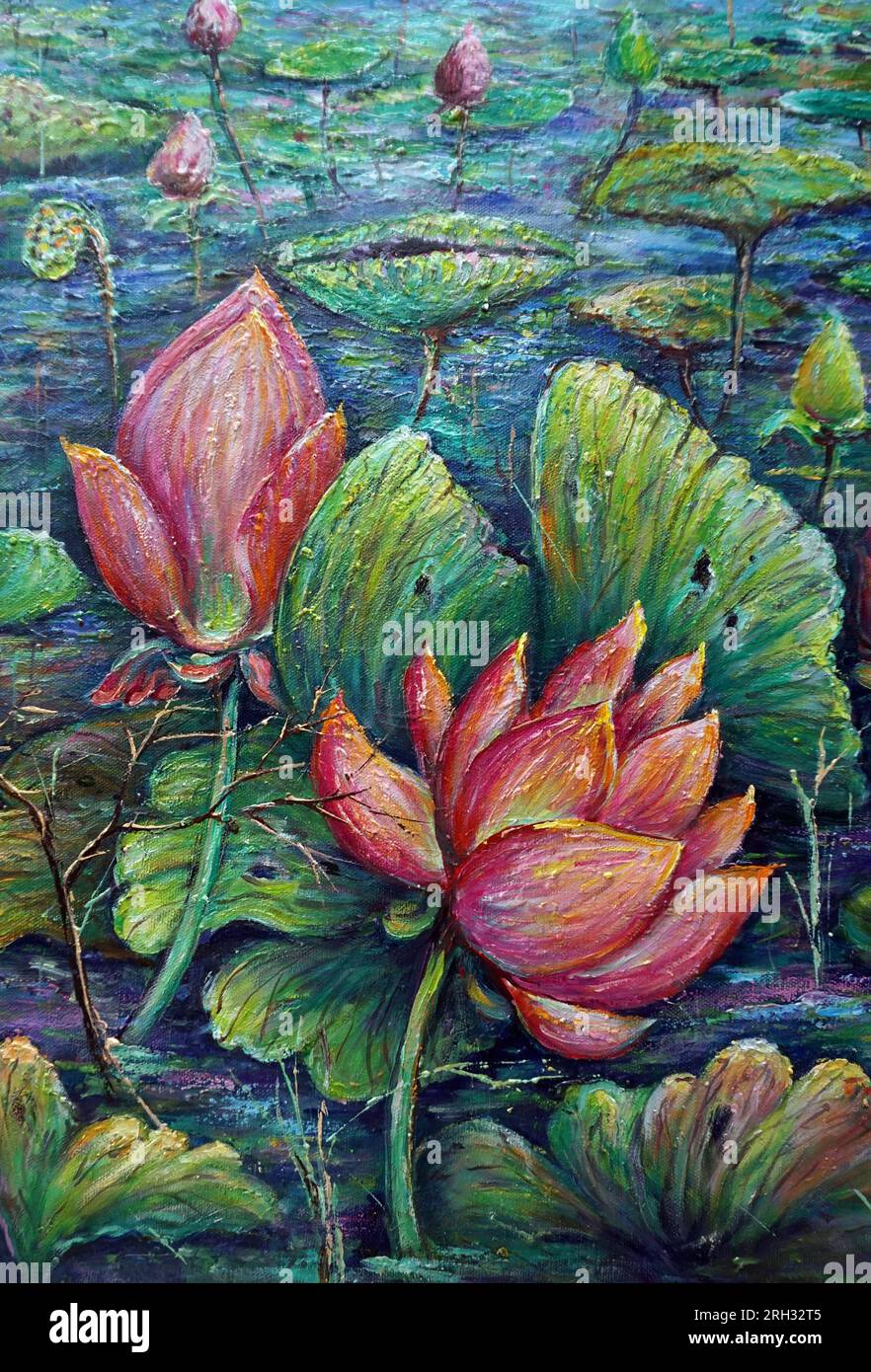 Art painting Fine art Oil color lotus flower Stock Photo - Alamy