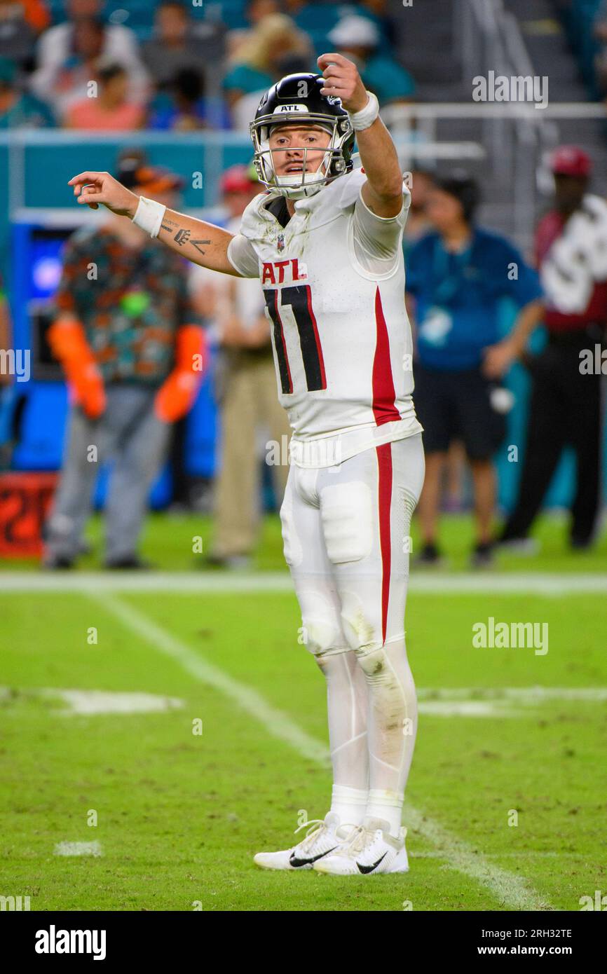 Atlanta Falcons quarterback Logan Woodside (11) gestures on the field ...