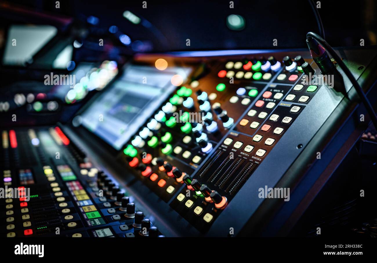 sound adjusting control panel with buttons, sliders and display for dj ...