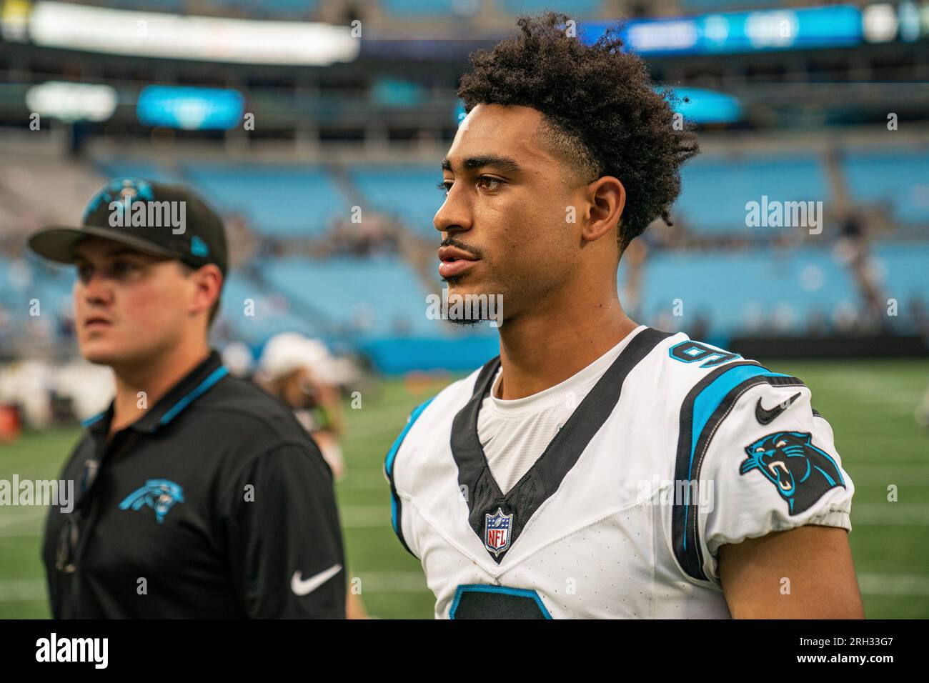 Carolina Panthers quarterback Bryce Young (9) walks off the field after ...