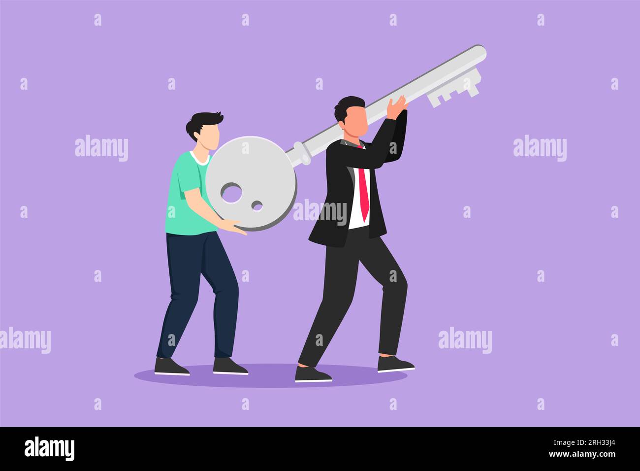 Cartoon flat style drawing two man hold together key to open locked ...