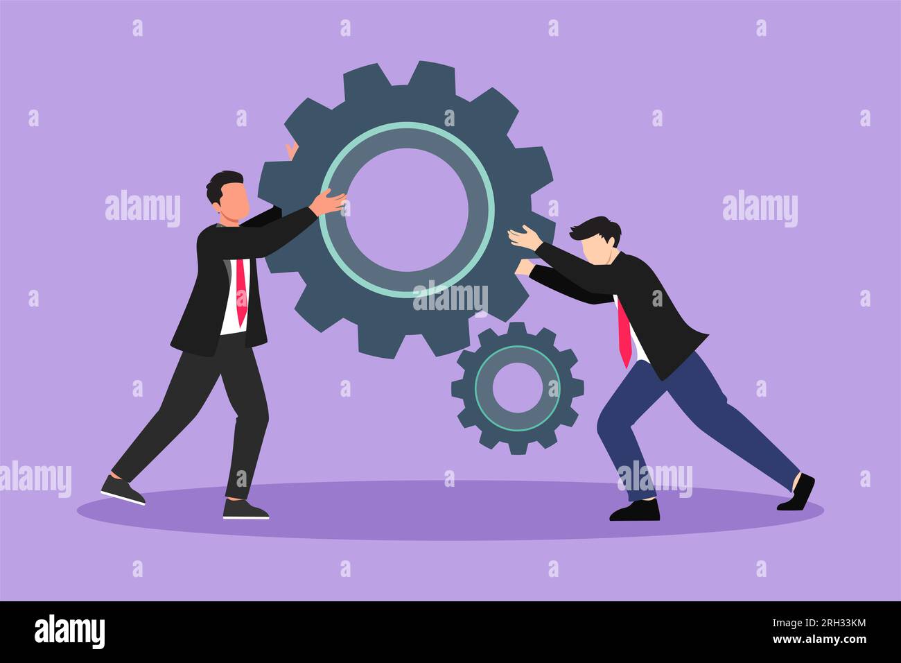 Graphic flat design drawing of two businessmen help each other pushing ...