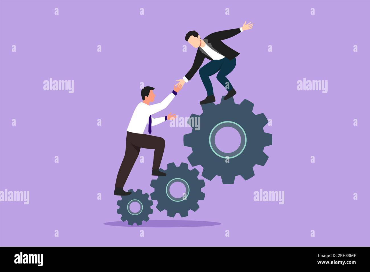 Graphic flat design draw two young businessmen helping each other to go ...