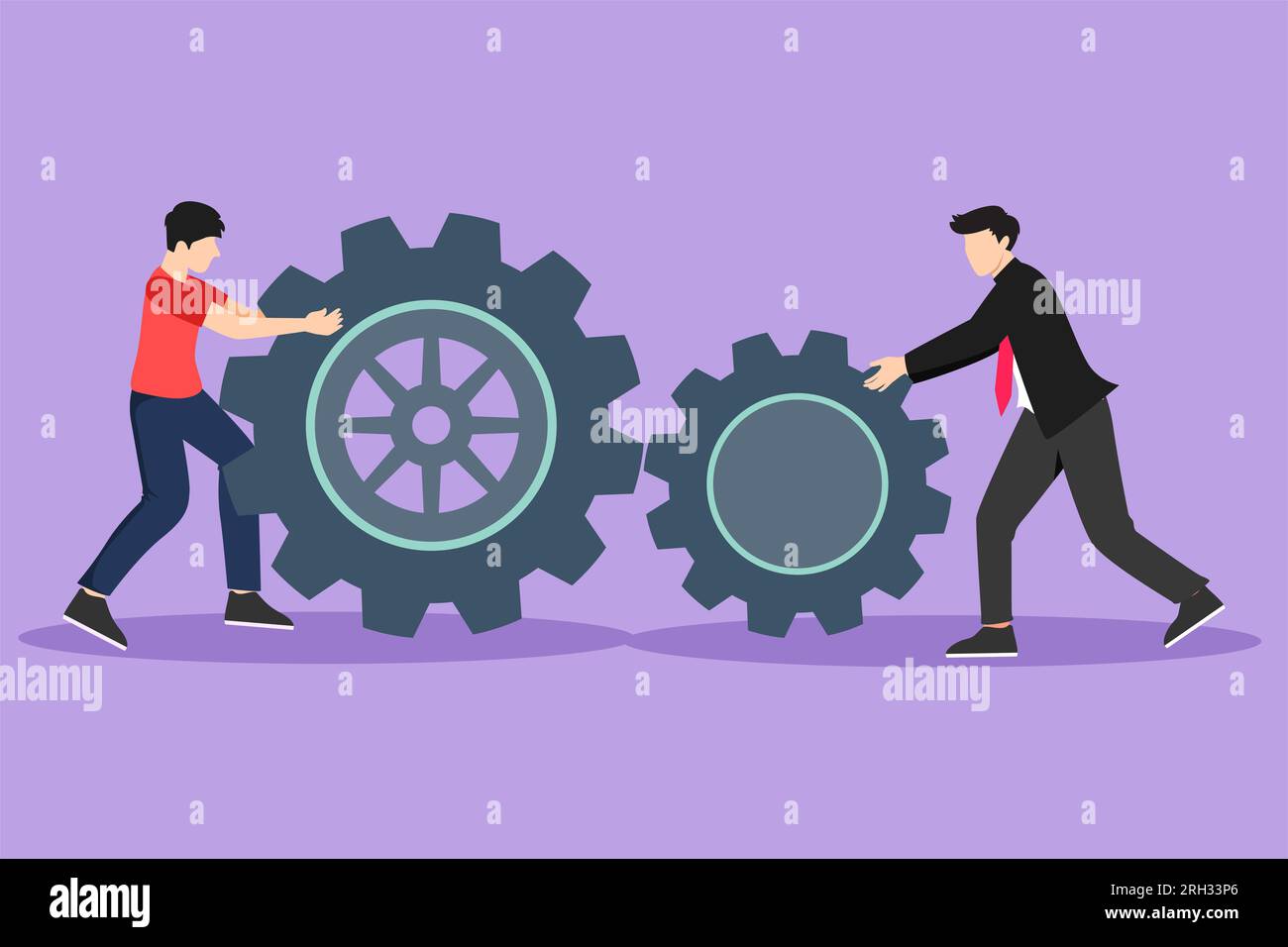 Graphic flat design drawing two businessman pushing big cogs together ...