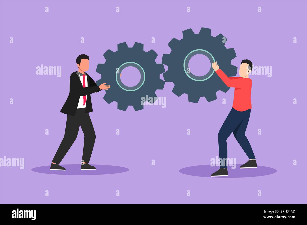 Cartoon flat style drawing teamwork cooperation in gears mechanism. Two ...