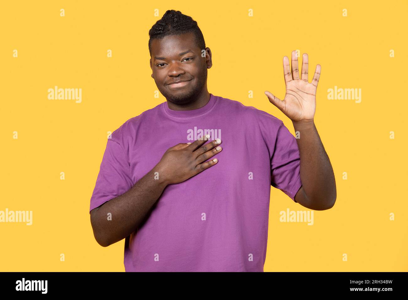Honest Black Man Doing Oath Gesture Posing Over Yellow Background Stock ...