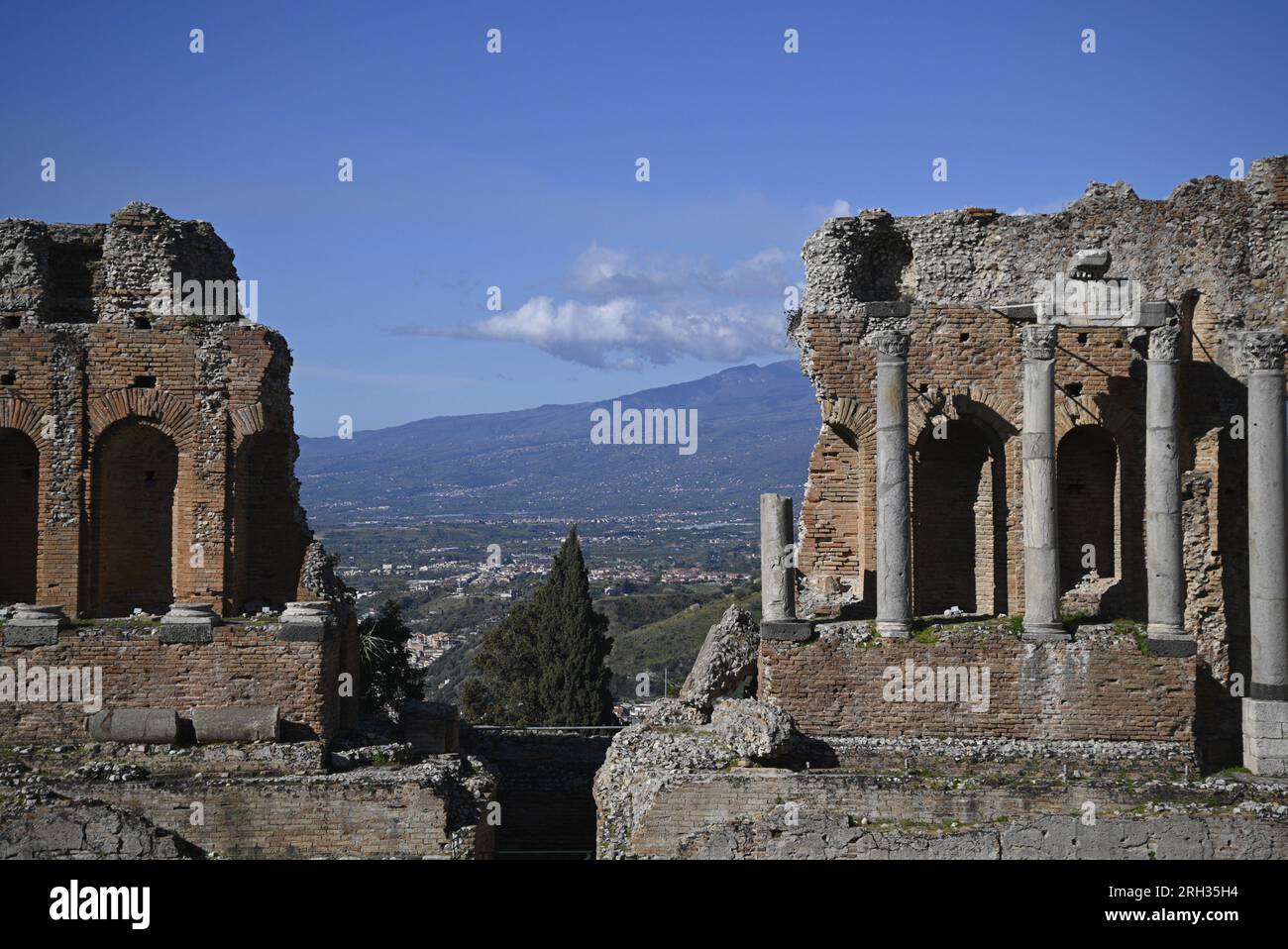 Landscape with scenic view of Taormina as seen from the Greco Romano ...