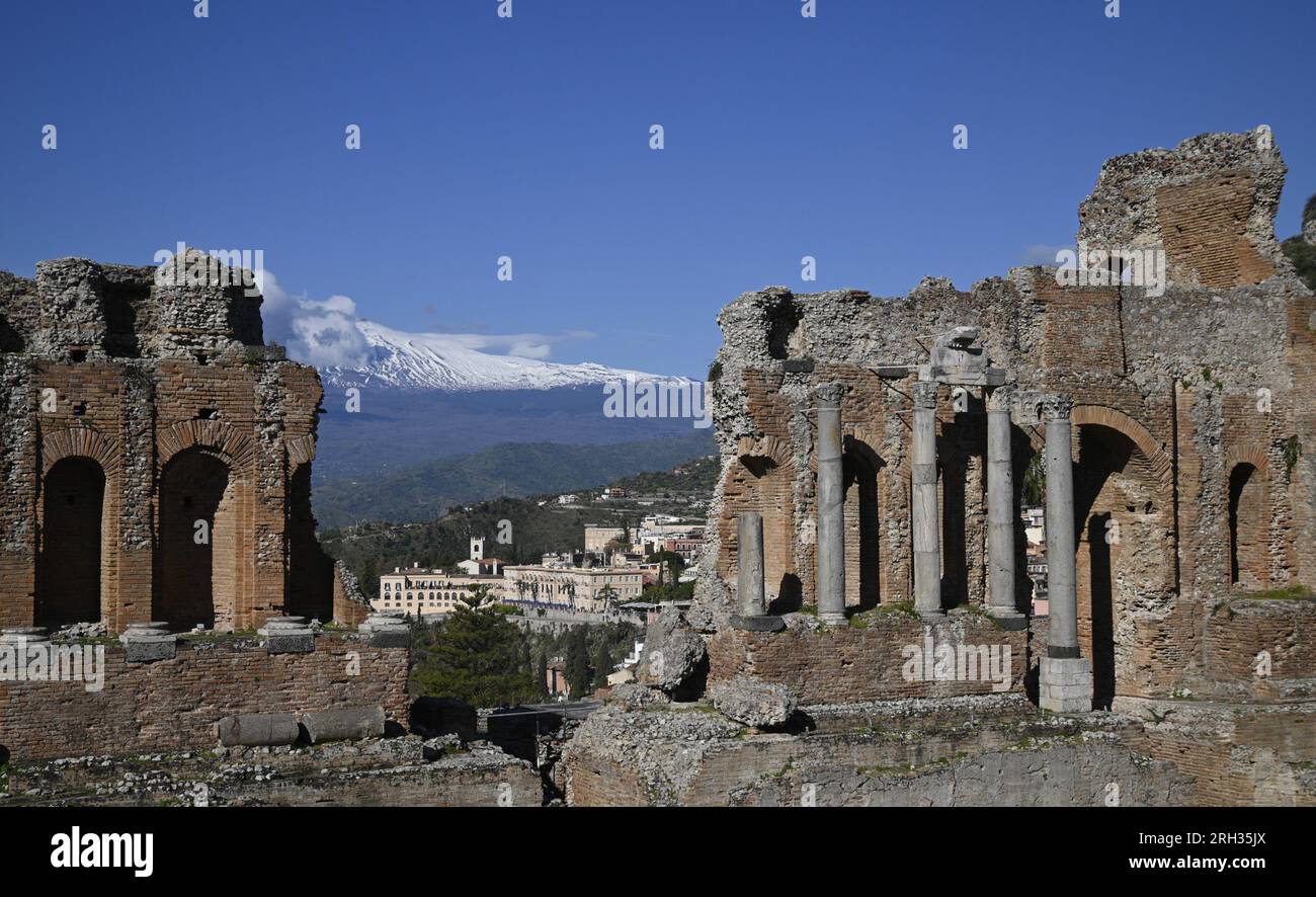 Landscape with scenic view of Taormina as seen from the Greco Romano ...