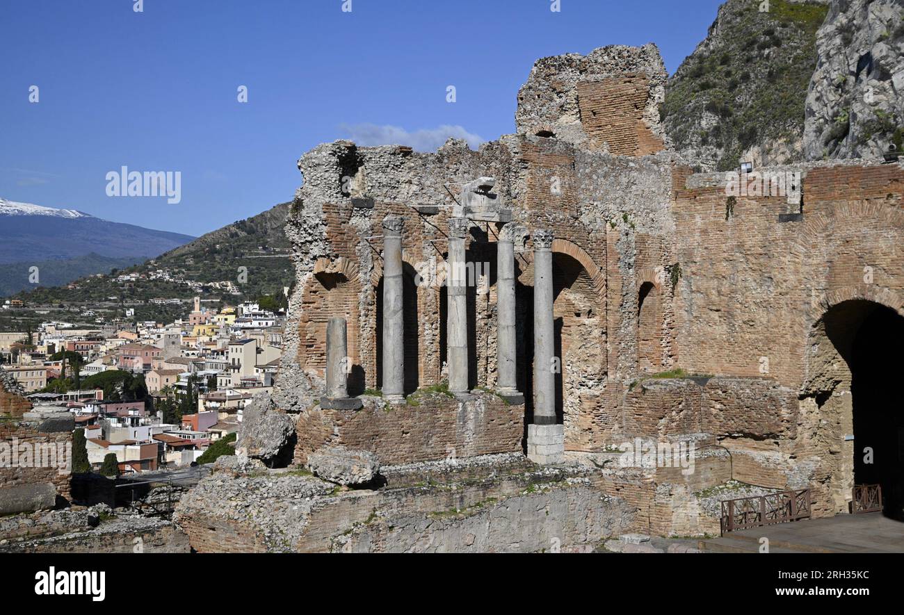 Landscape with scenic view of Taormina as seen from the Greco Romano ...