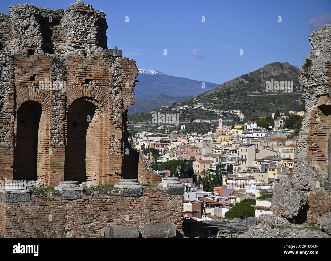 Landscape with scenic view of Taormina as seen from the Greco Romano ...