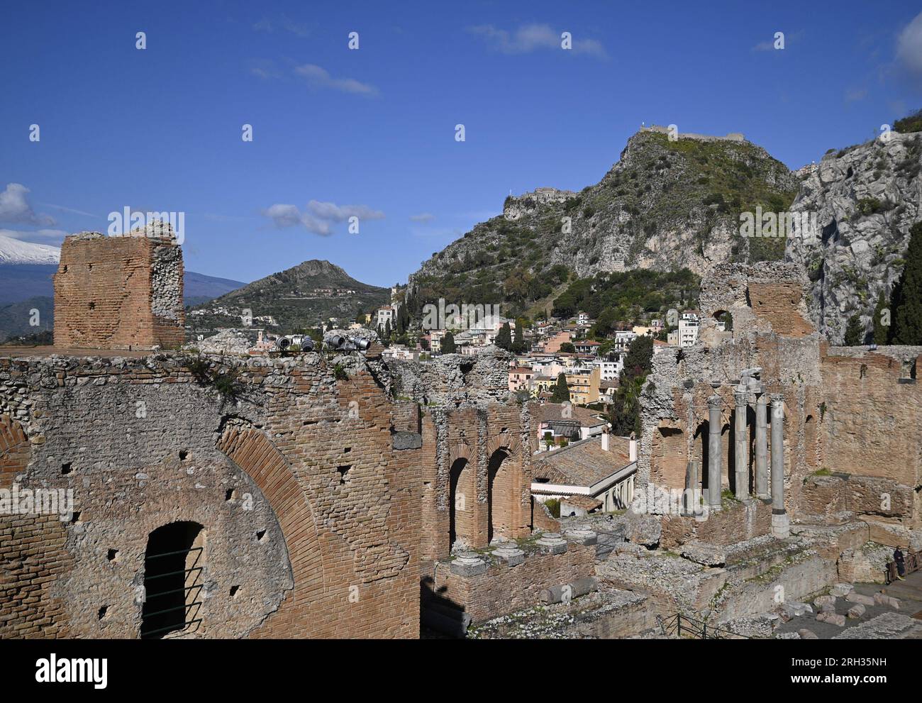 Landscape with scenic view of Taormina as seen from the Greco Romano ...