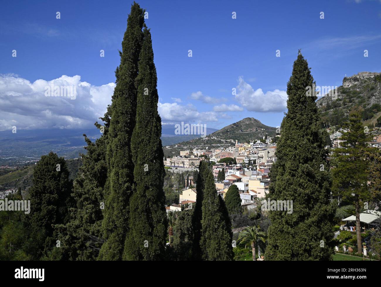 Landscape with scenic view of Taormina as seen from the Greco Romano ...