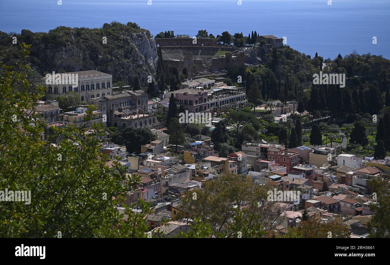 Landscape with scenic view of Taormina as seen from Sentiero Saraceni ...