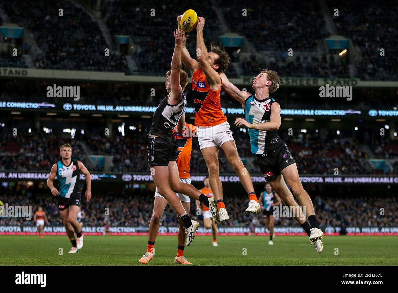 Adelaide, Australia. 13th Aug, 2023. Jack Buckley of the Giants clashes ...