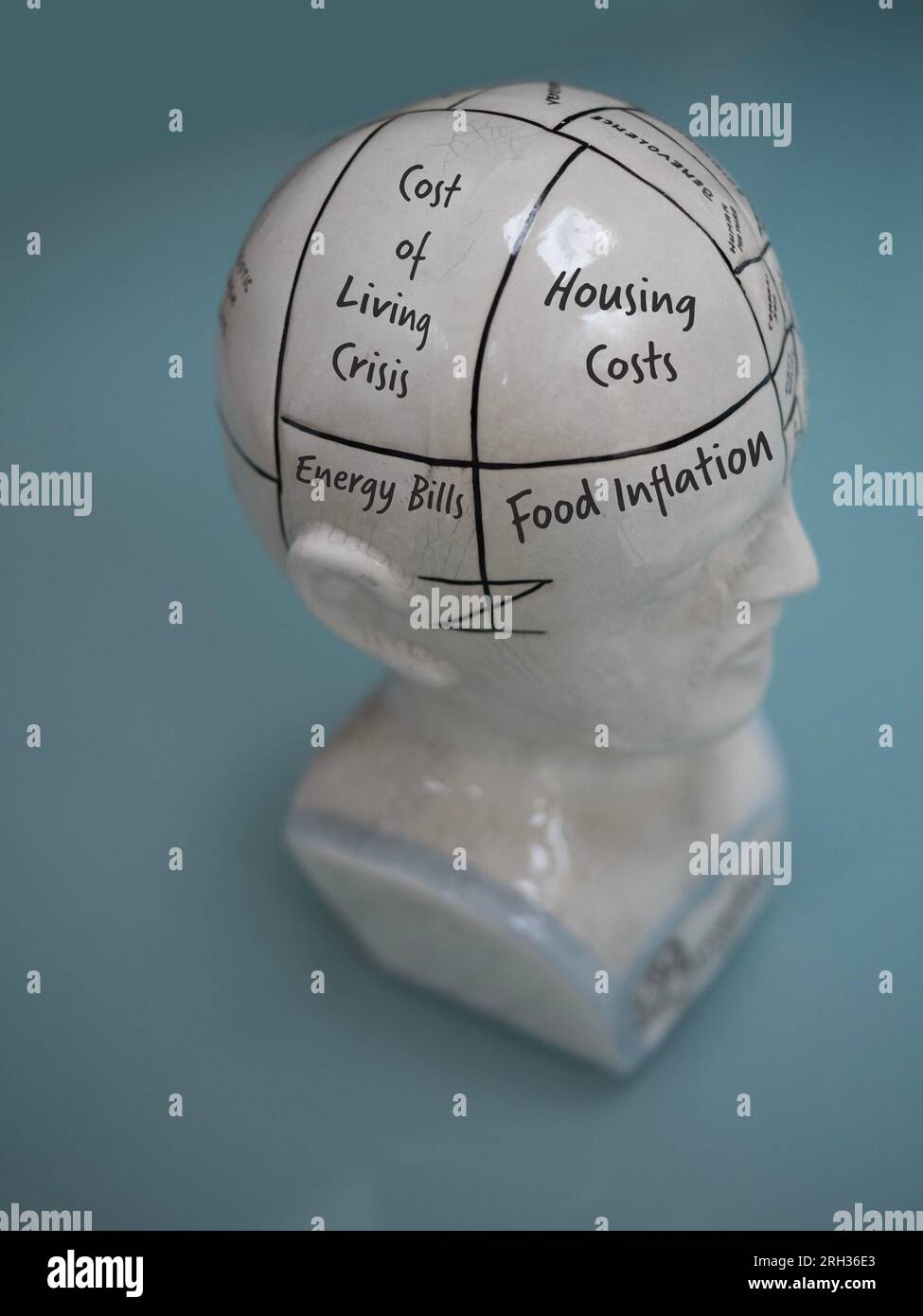 digitally retouched Phrenology head with Cost of living crisis, housing ...