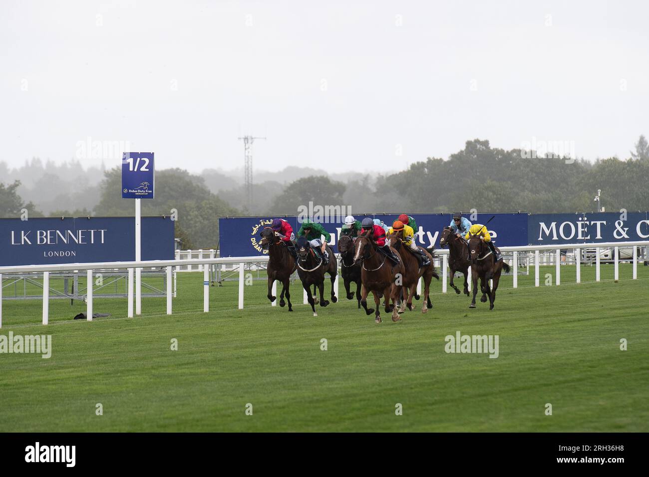 Ascot, Berkshire, UK. 12th August, 2023. Horses head to the finish line ...