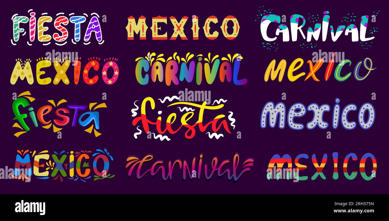 Carnival lettering, party celebrate floral fiesta text prints. Mexican ...