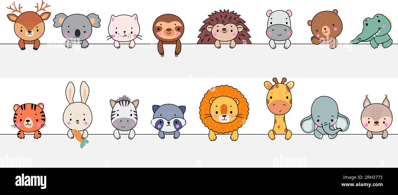 Cartoon animals holding banner. Animal peeking out lines, koala, cat and crocodile looking. Wild ...