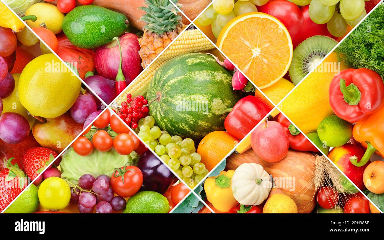 Bright background from the collection of fruits and vegetables. Photo ...