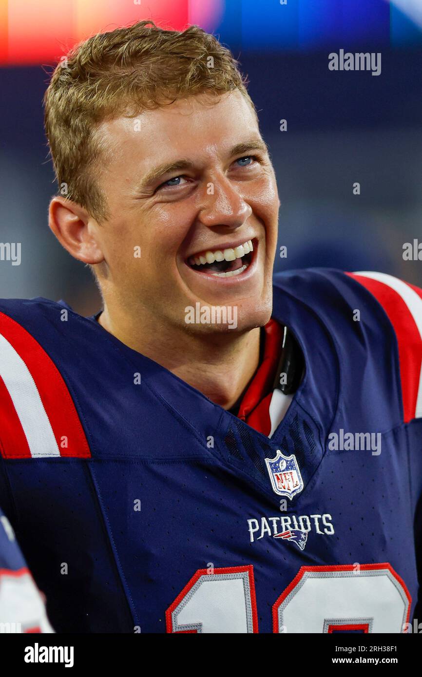 New England Patriots quarterback Mac Jones (10) reacts during the first ...