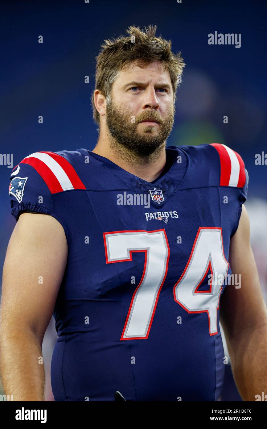 New England Patriots offensive tackle Riley Reiff (74) reacts following ...