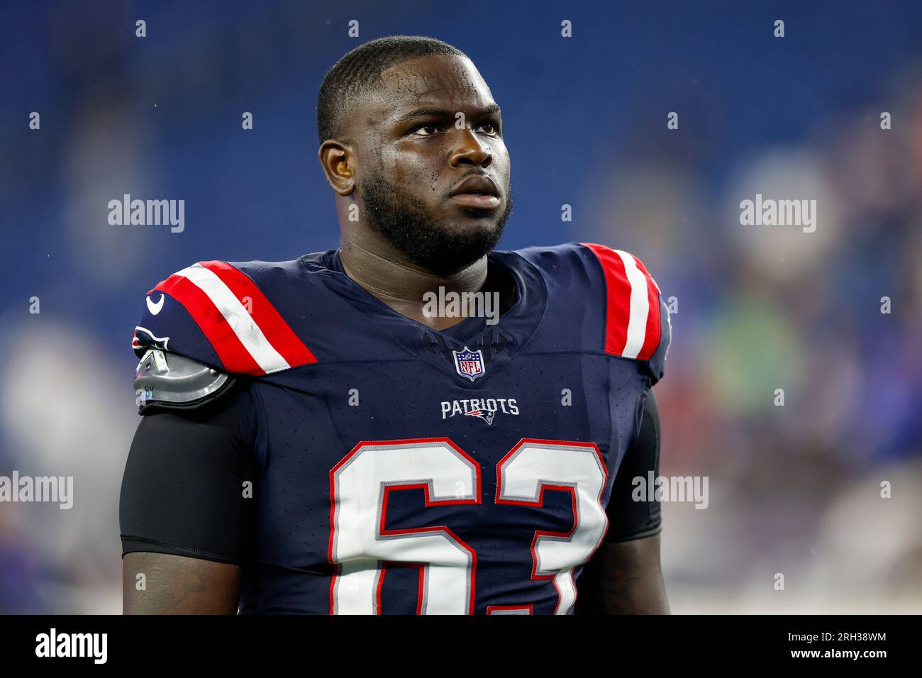 New England Patriots guard Chasen Hines (63) reacts following an NFL ...