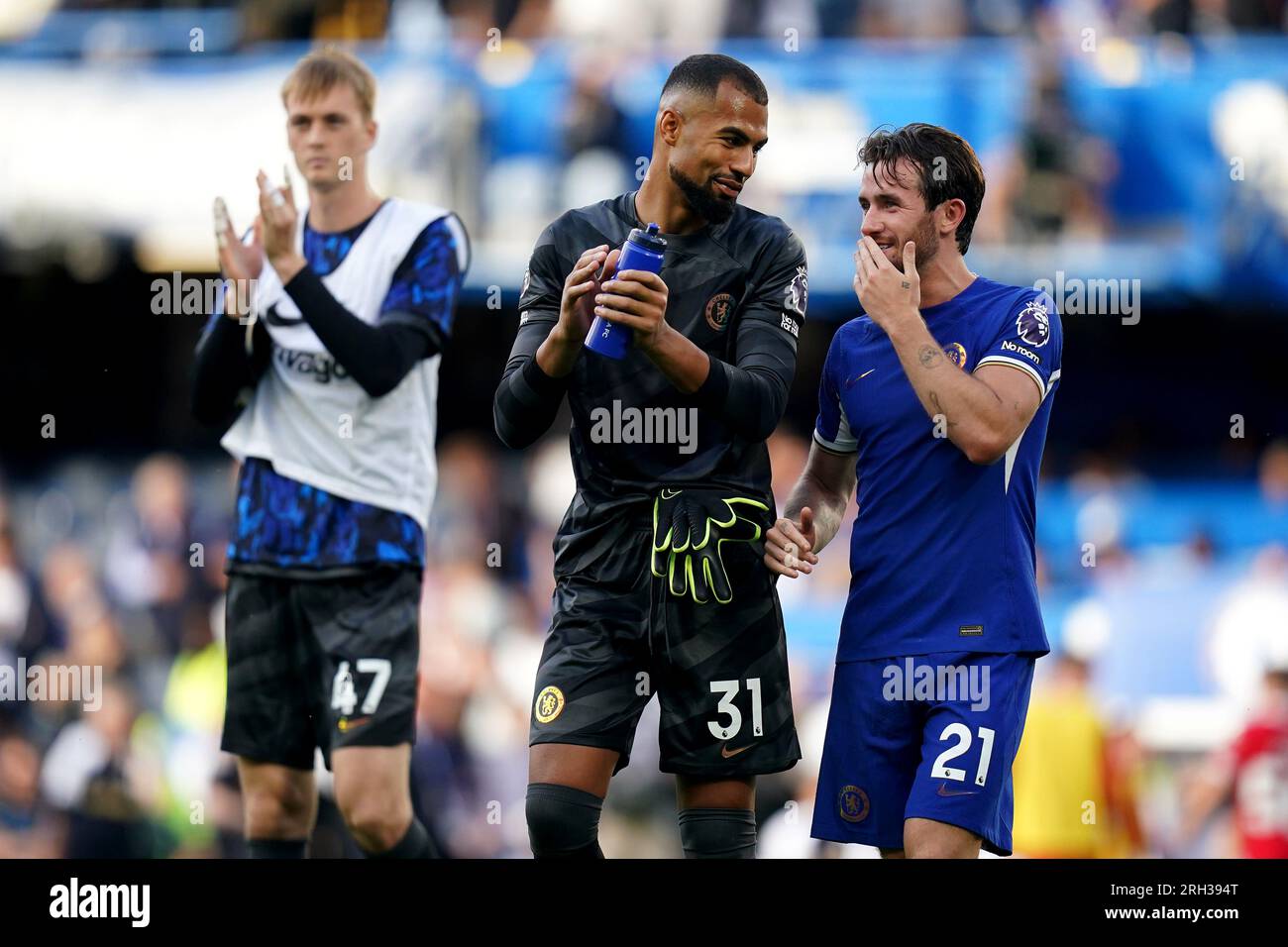 Chelsea goalkeeper Robert Sanchez (centre), goalkeeper Lucas Bergstrom ...
